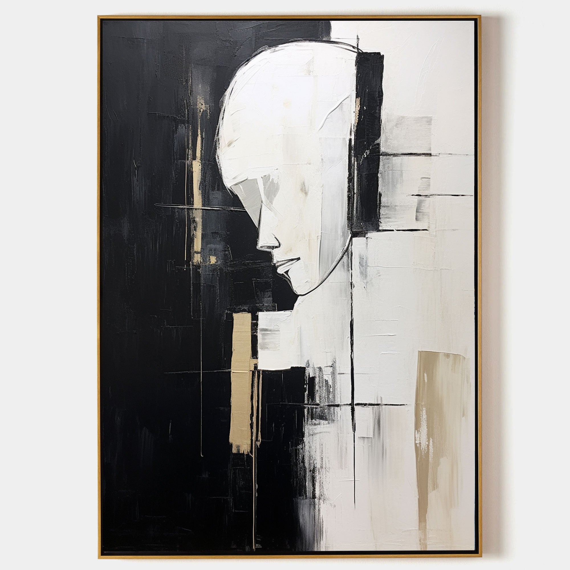 Abstract Face Art On Canvas Black and Beige Minimalist Wall Art ...