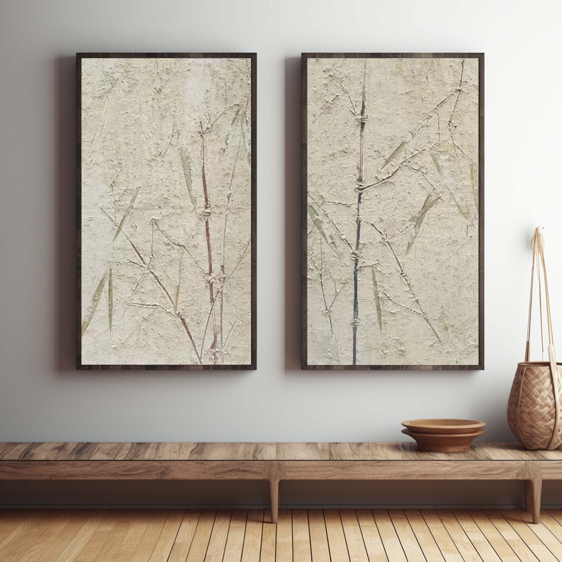 Beige and Green Bamboo Texture Painting Set of 2 Bamboo Minimalist ...