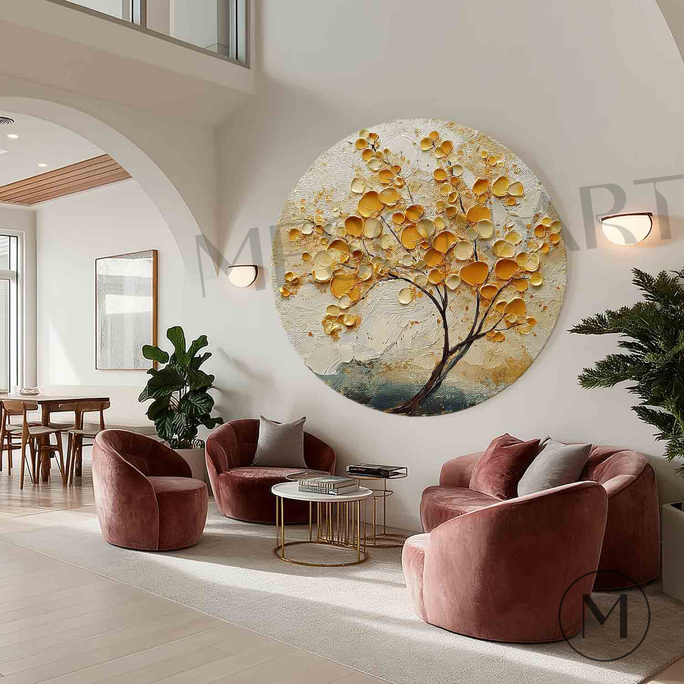 Golden Tree of Life Round Art – Ginkgo-Inspired Painting with 3D ...