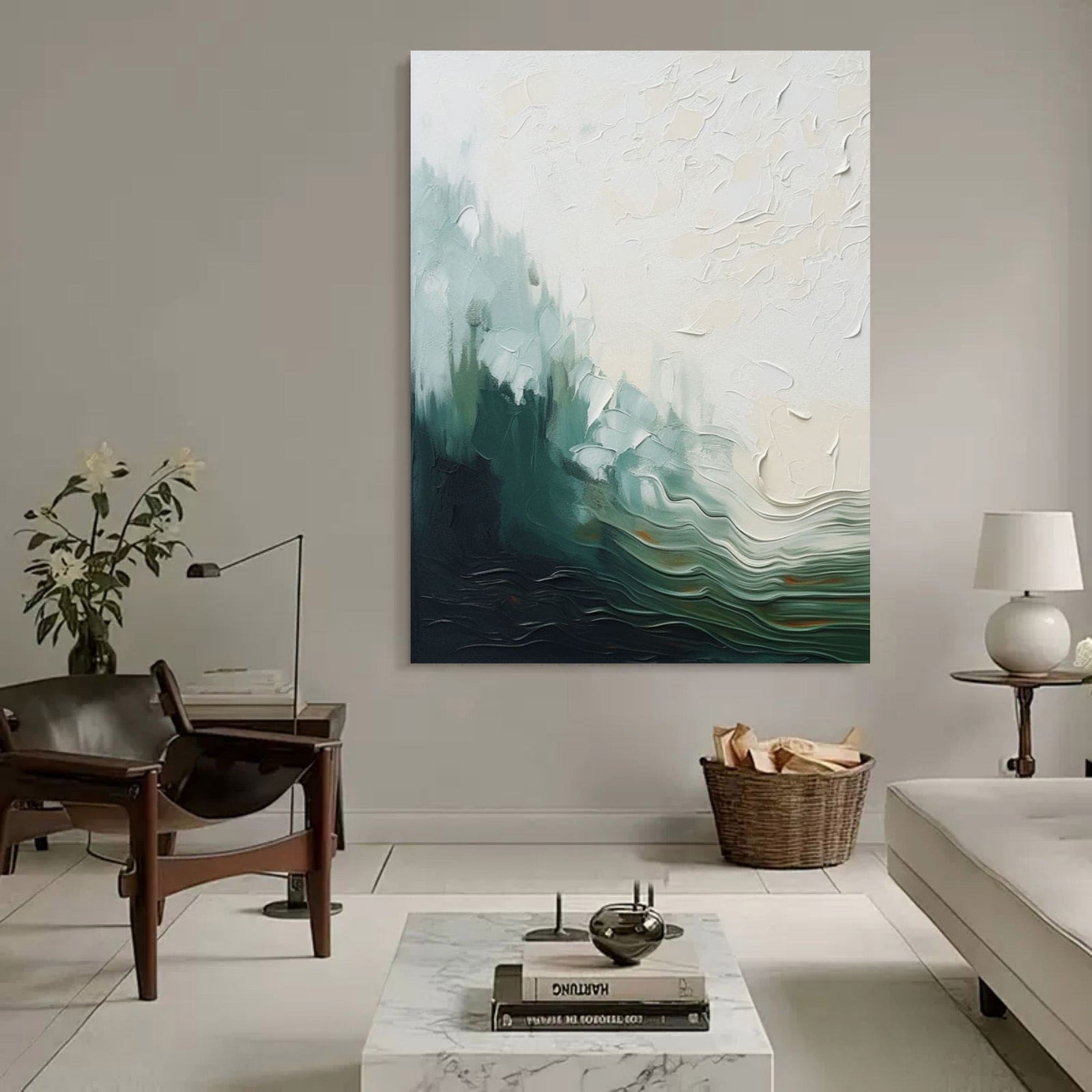White and Dark Green Abstract Oil Painting White and Dark Green ...