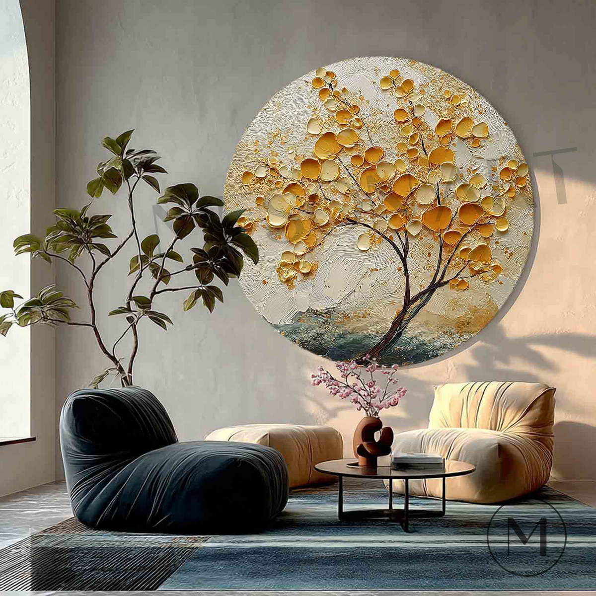 Golden Tree of Life Round Art – Ginkgo-Inspired Painting with 3D ...