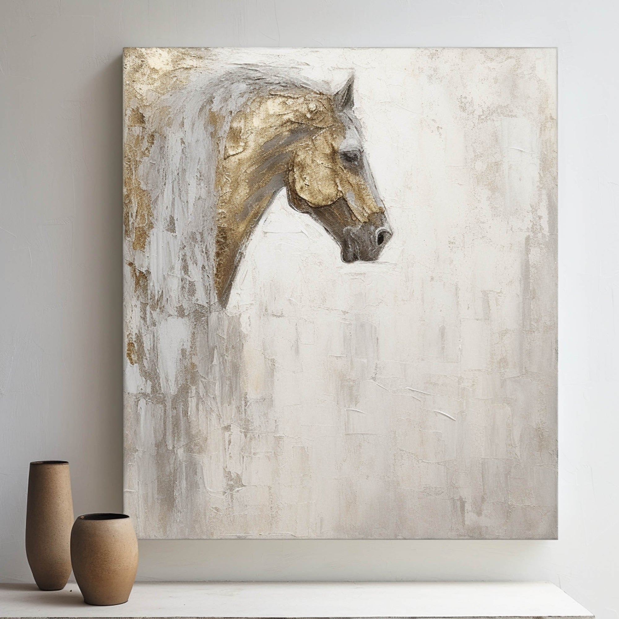 Large Horse Texture Painting Gold and Gray Horse Canvas Art Wabi-Sabi ...