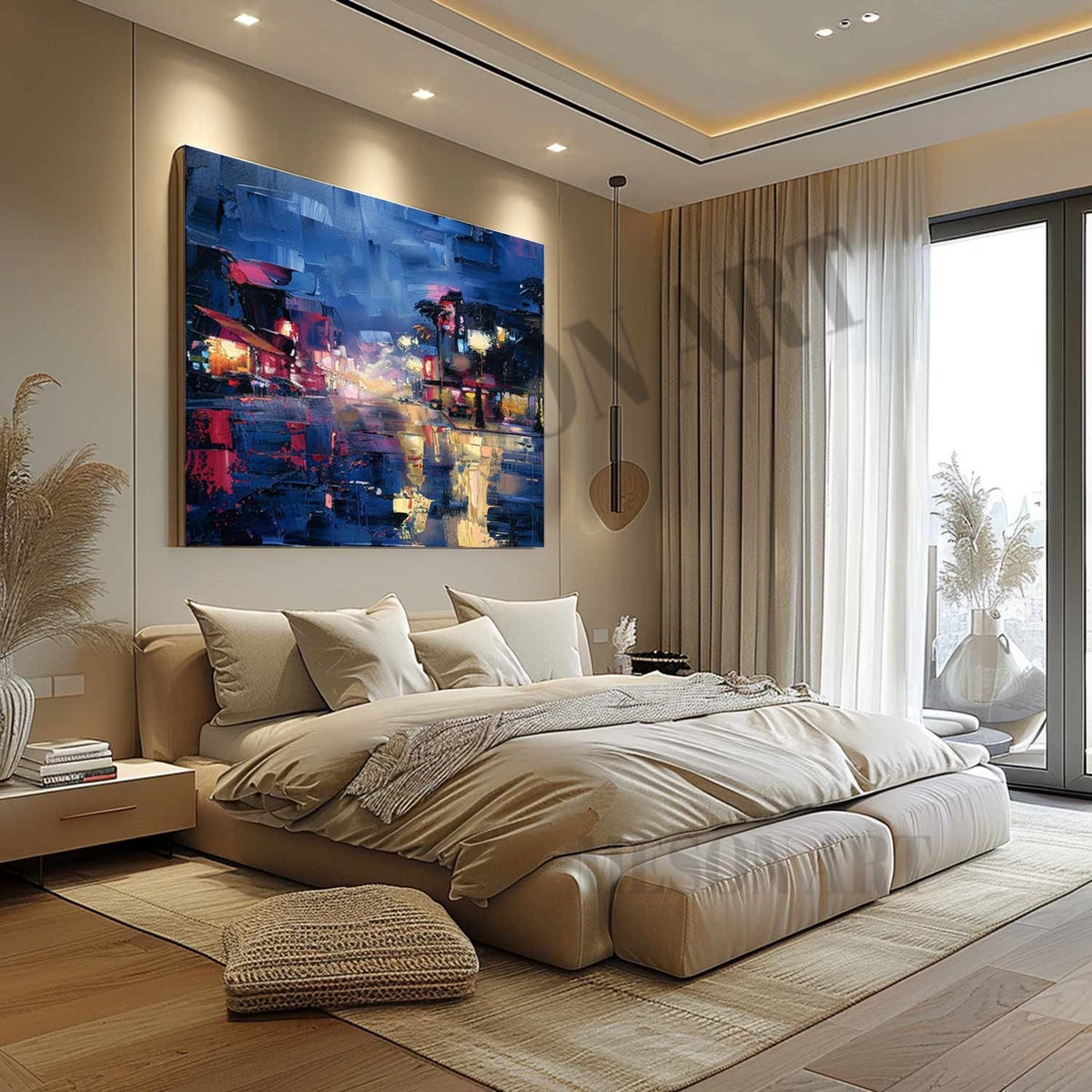 City Night Scene Abstract Blue Painting California Night Scene Canvas ...