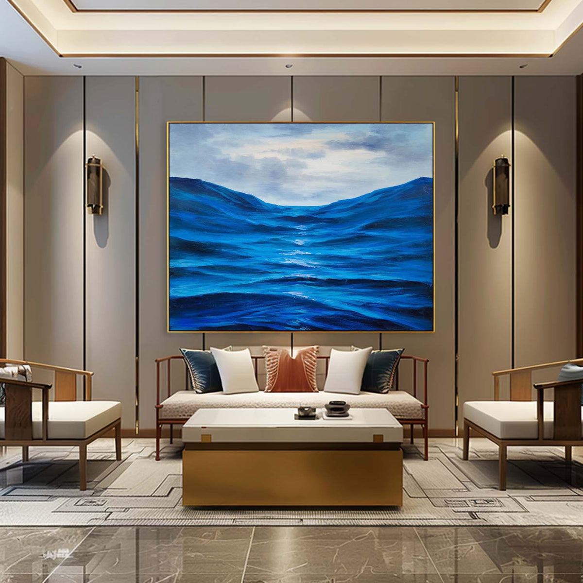 Large Dark Blue Sea Realistic Oil Paintings Blue Wave Realistic Wall ...