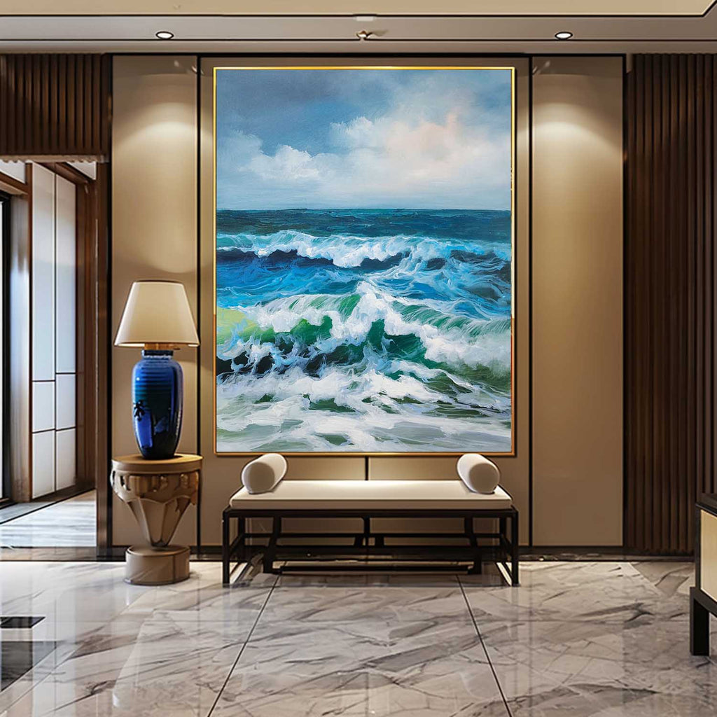 Large Light Blue Wave Oil Painting Realistic Light Blue Wave Wall Art ...