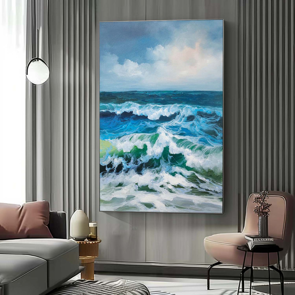 Large Light Blue Wave Oil Painting Realistic Light Blue Wave Wall Art ...