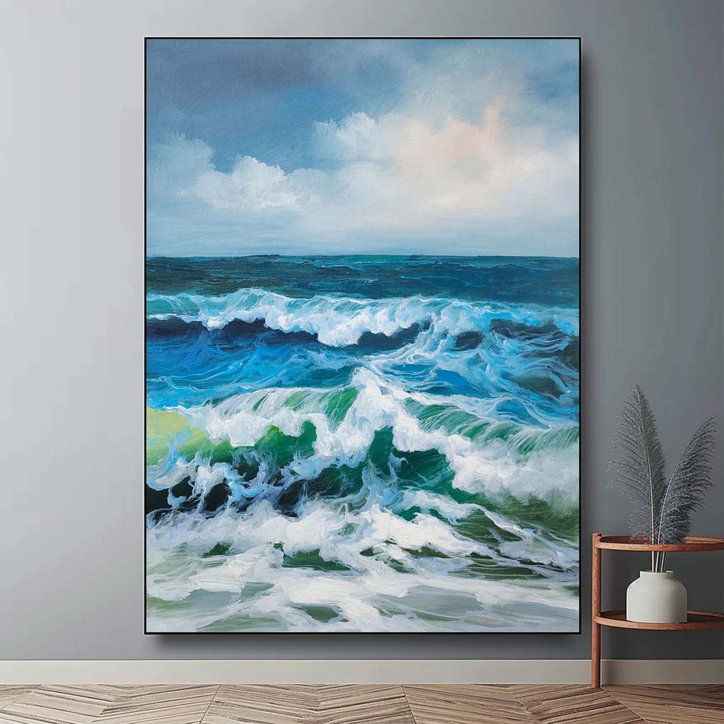 Large Light Blue Wave Oil Painting Realistic Light Blue Wave Wall Art ...