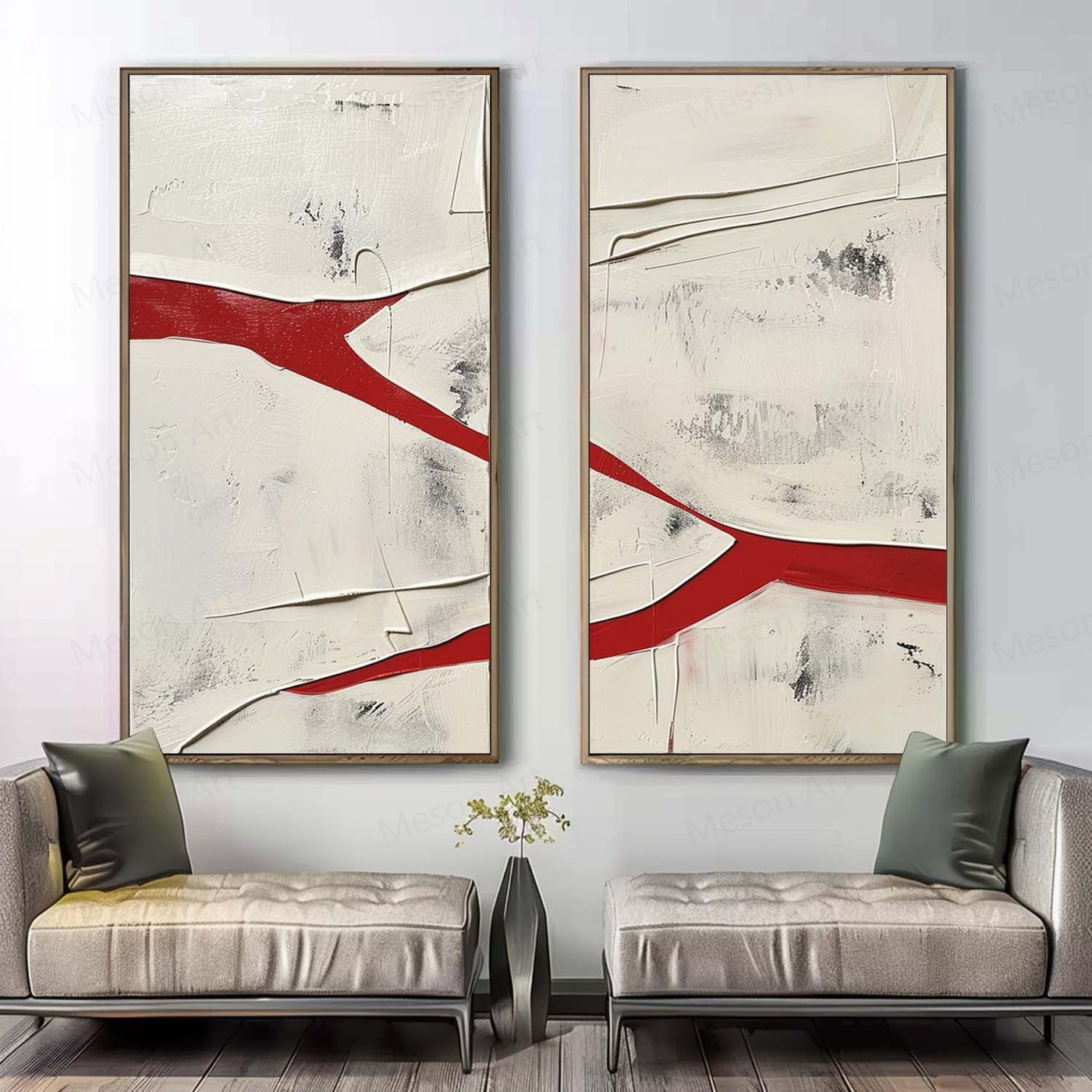 Large Red and White Textured Abstract Art Set of 2 for Sale Red and ...