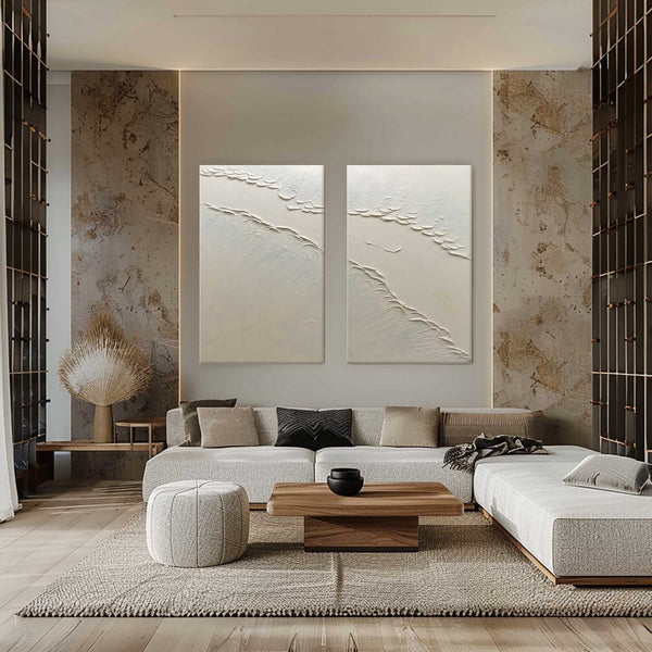 Large White Wave Texture Painting Set of 2 Waves Abstract Minimalist ...