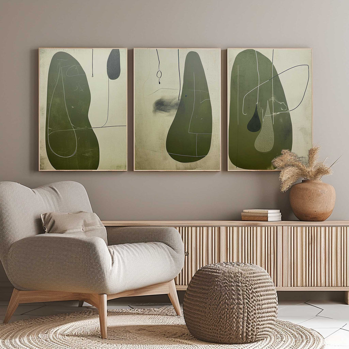 Green Contemporary Minimalist Art 3 Piece Set Wabi-Sabi Wall Art Green ...