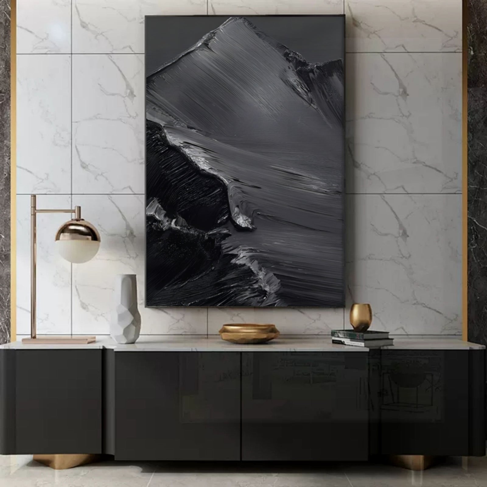 Black Textured Acrylic Abstract Painting Black 3D Textured Wall Art ...