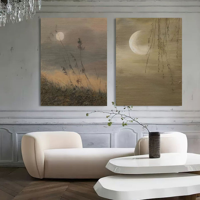 Moon Oil Painting Set of 2 Moon Landscape Art Canvas Set of 2 Wabi Sabi ...
