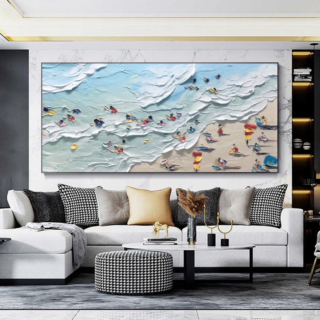 Large Blue 3D Texture Painting Seaside Surf Canvas Art Seaside Swimming ...