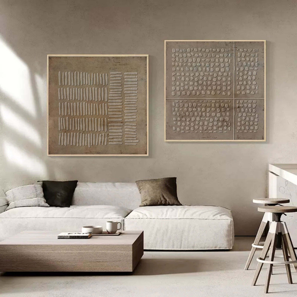 Brown 3D minimalist art on canvas Wabi-sabi wall art Textured wall art Acrylic painting set of 2