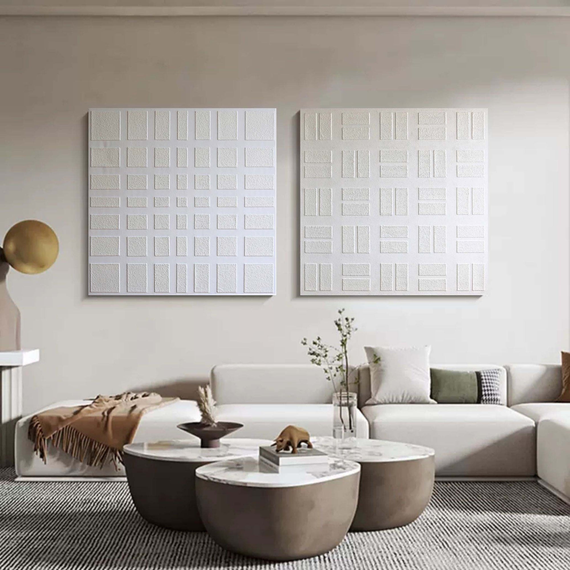 3D White Textured Art Canvas Set of 2 White Minimalist Wall Art White ...