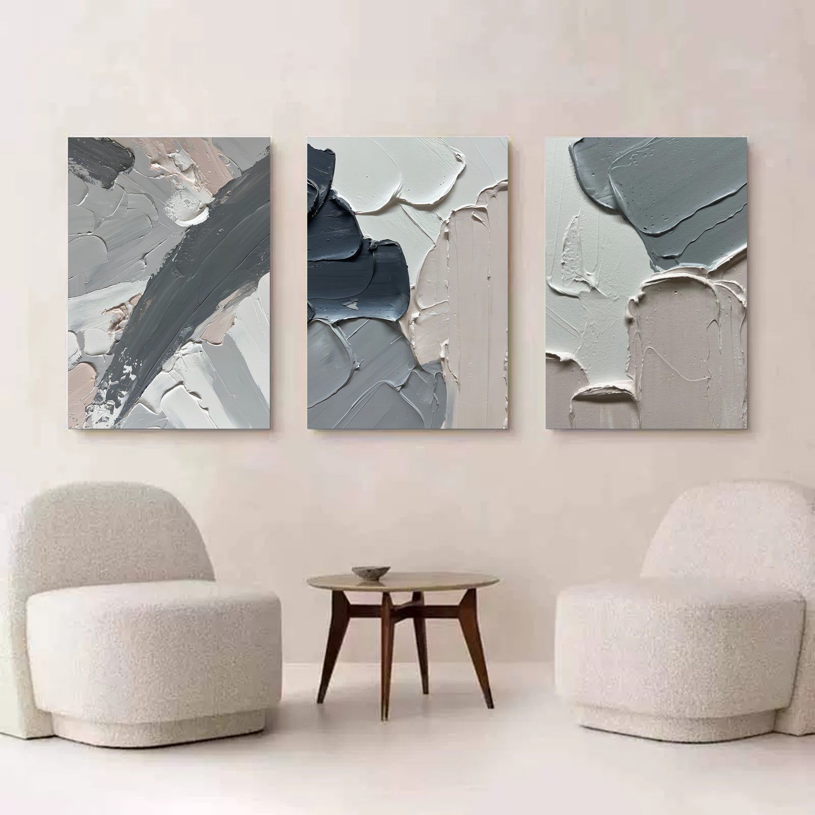 Large 3D Gray Abstract Art on Canvas Set of 3 Plaster Wall Art Textured ...