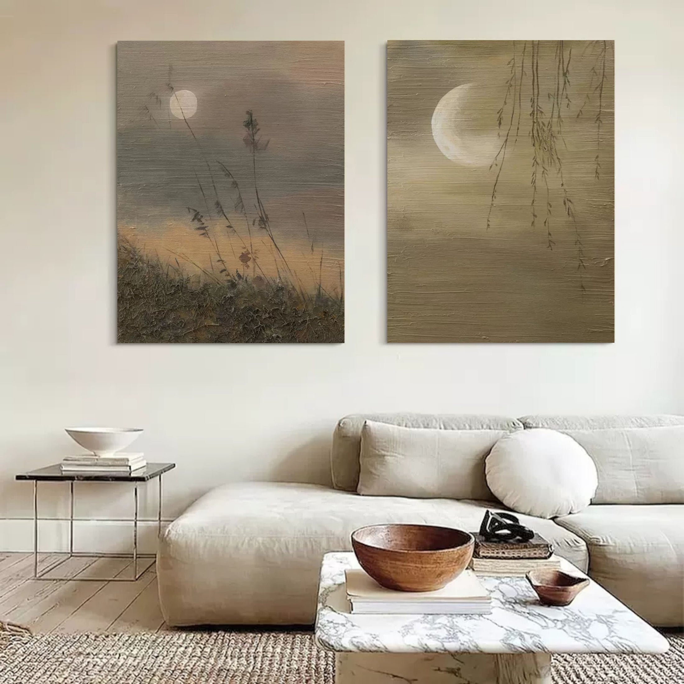 Moon Oil Painting Set of 2 Moon Landscape Art Canvas Set of 2 Wabi Sabi ...