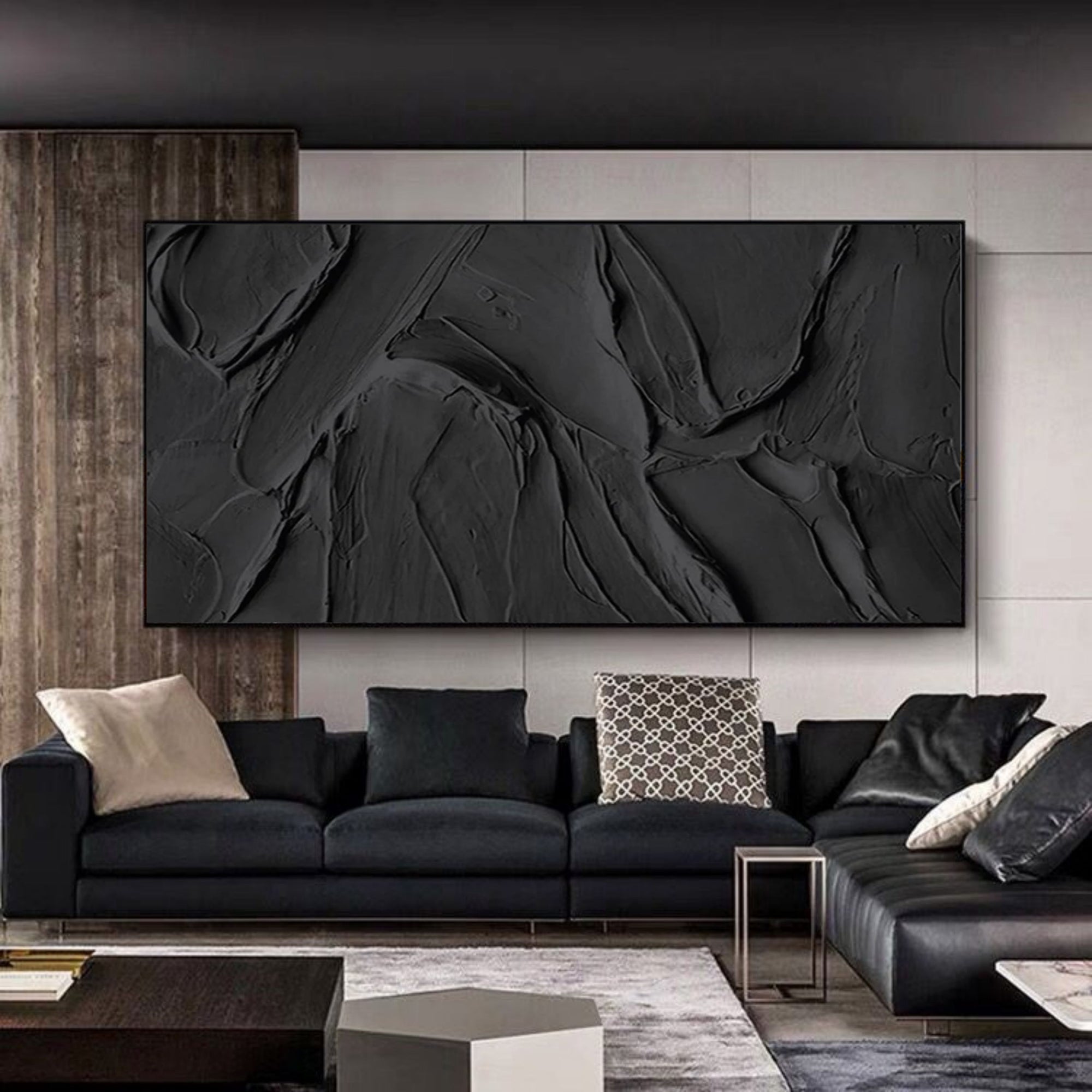 Panoramic Black 3D Abstract Painting Large Black Textured Wall Art ...