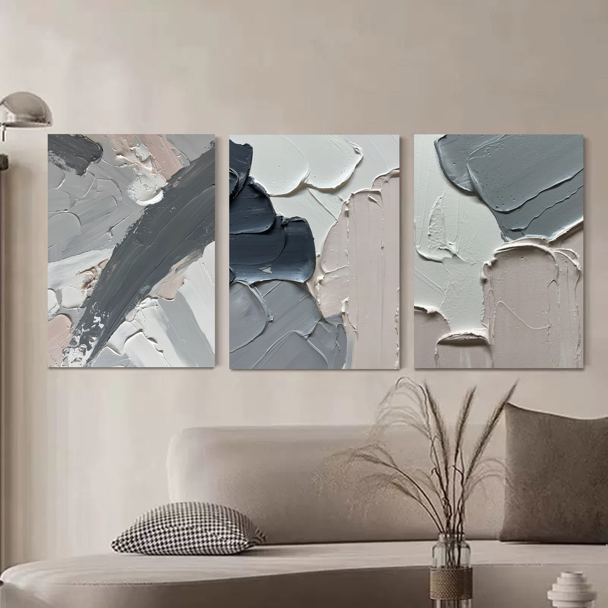 Large 3D Gray Abstract Art on Canvas Set of 3 Plaster Wall Art Textured ...