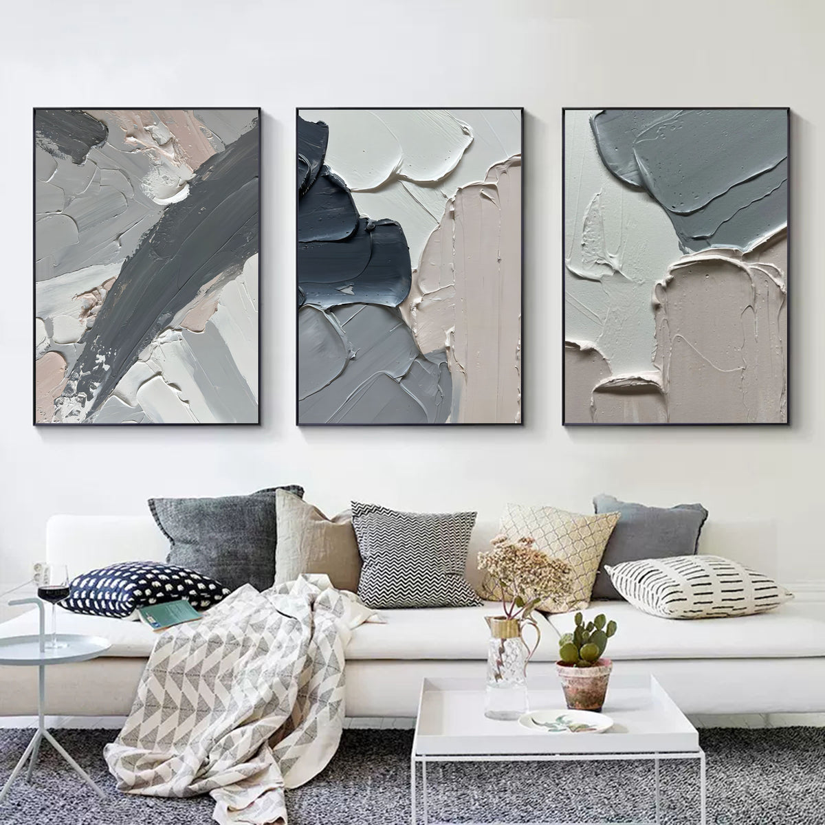 Large 3D Gray Abstract Art on Canvas Set of 3 Plaster Wall Art Textured ...