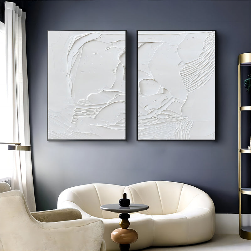Large White 3D Abstract Art Textured Wall Art Plaster Wall Art Minimalist Canvas Painting Set of 2