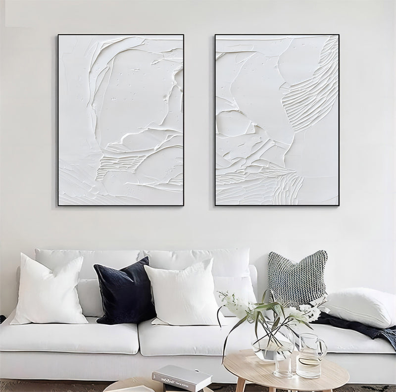 Large White 3D Abstract Art Textured Wall Art Plaster Wall Art Minimalist Canvas Painting Set of 2